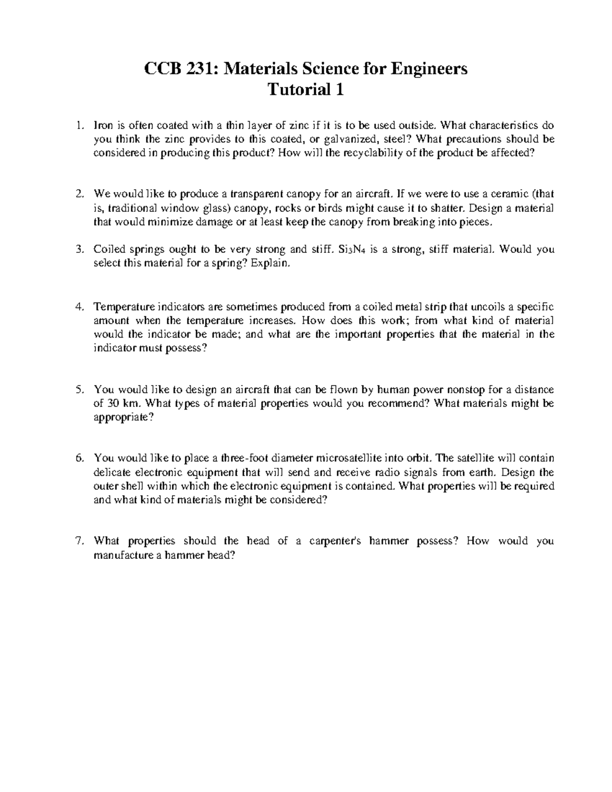 CCB 231 Materials Science for Engineers Tutorial 1 Question paper Only ...