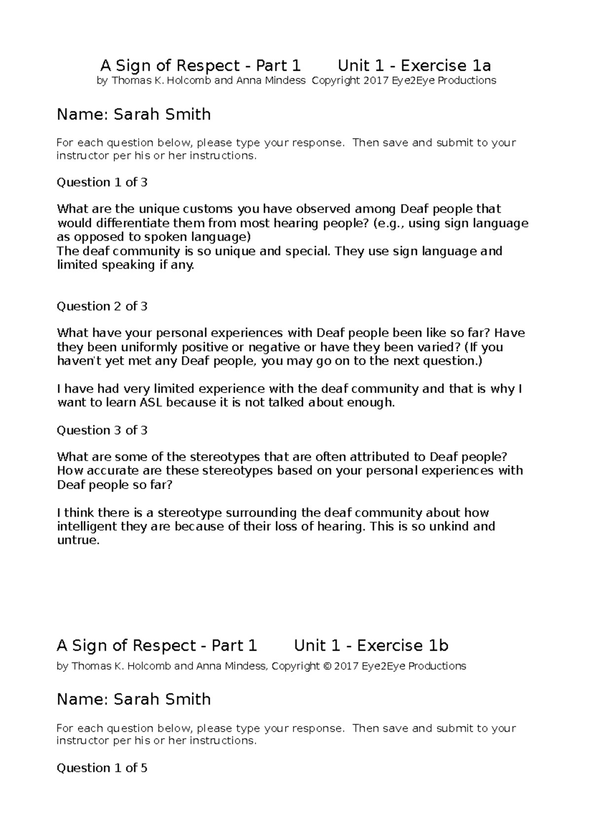 ASL 111 ASOR Assignment - A Sign of Respect - Part 1 Unit 1 - Exercise ...