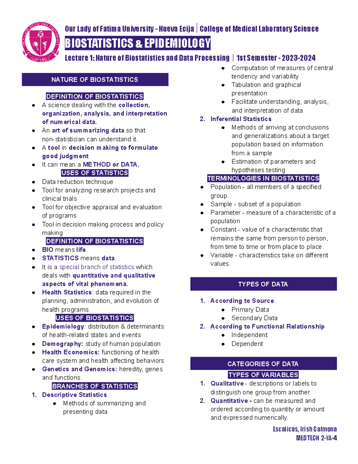 BIOE211 Lecture 1 Nature of Biostatistics and Data Processing - Our ...