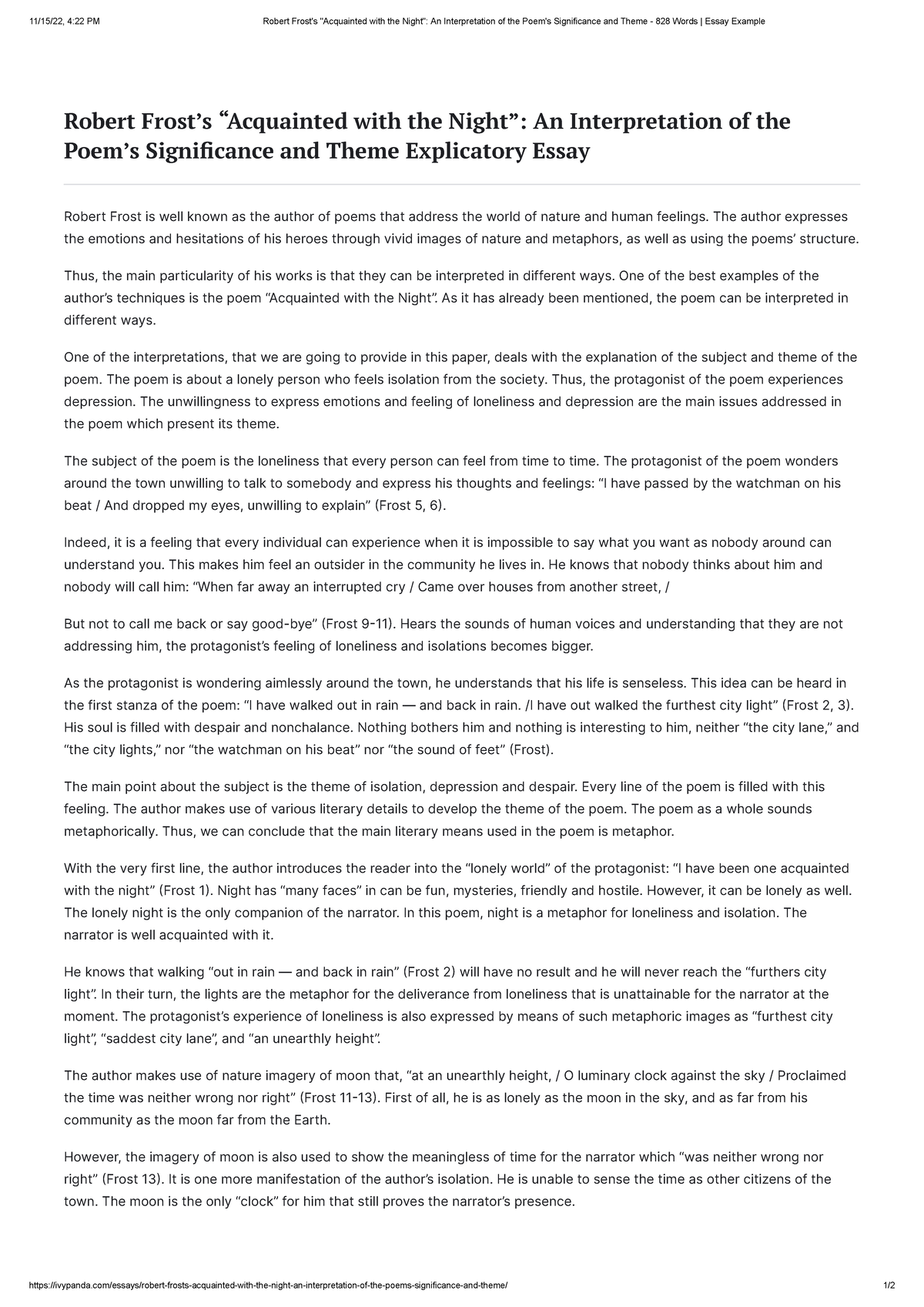 W77 - song literature - 11/15/22, 4:22 PM Robert Frost's "Acquainted ...