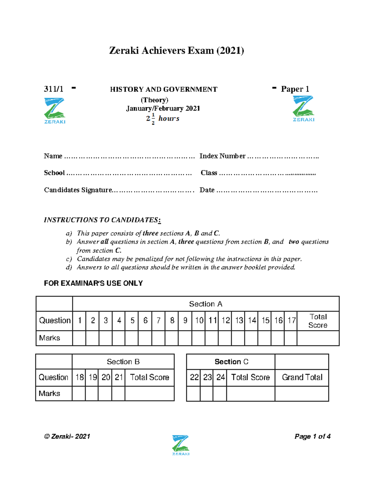 History - History Form 3 Paper 1 - Zeraki Achievers 1.0 - Question ...