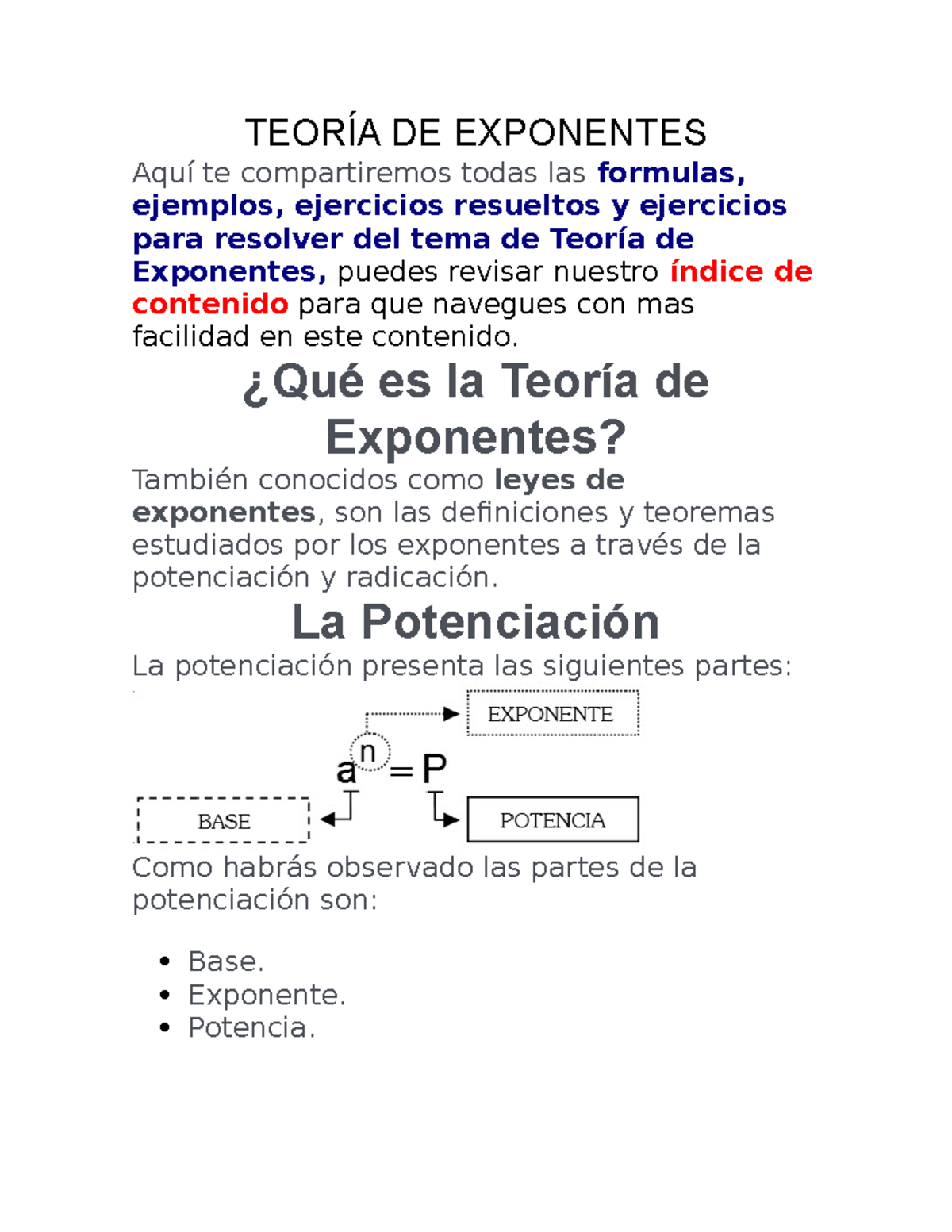 Teoría DE Exponentes - es importante aprender la teoria del algebra ...