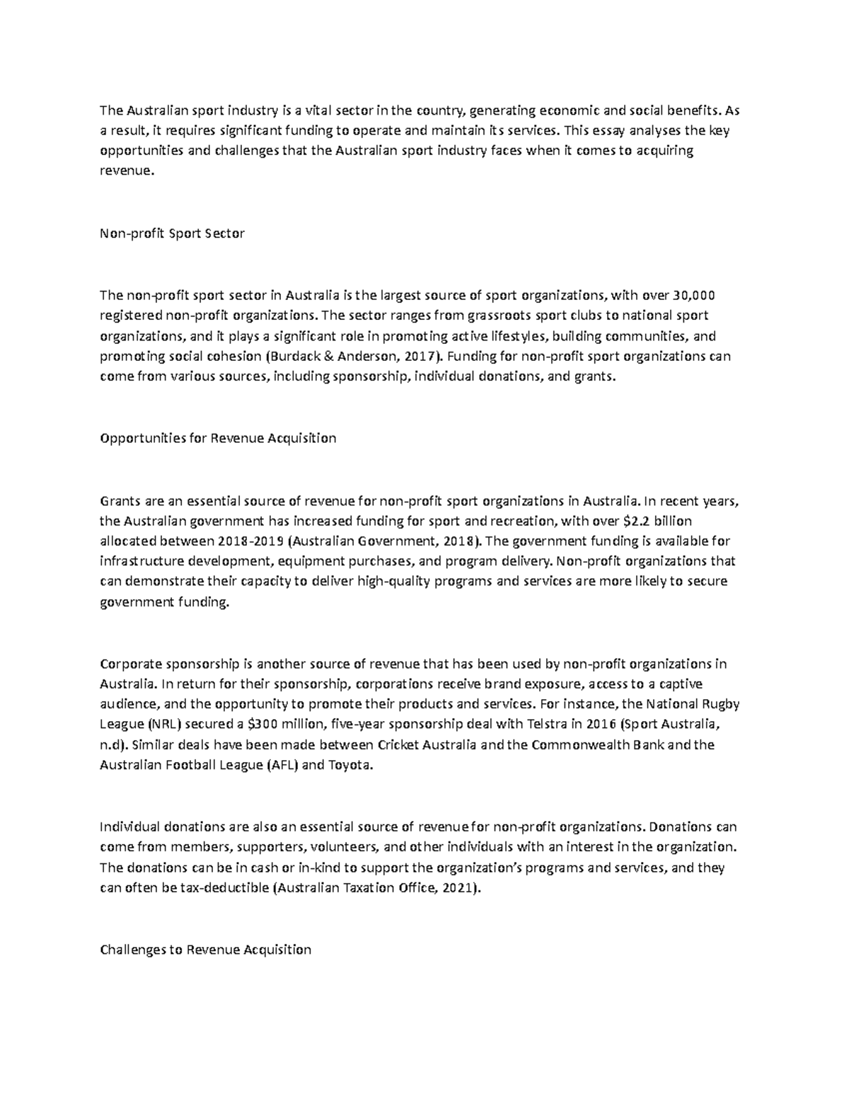 Document (1) essay sport industry - The Australian sport industry is a ...