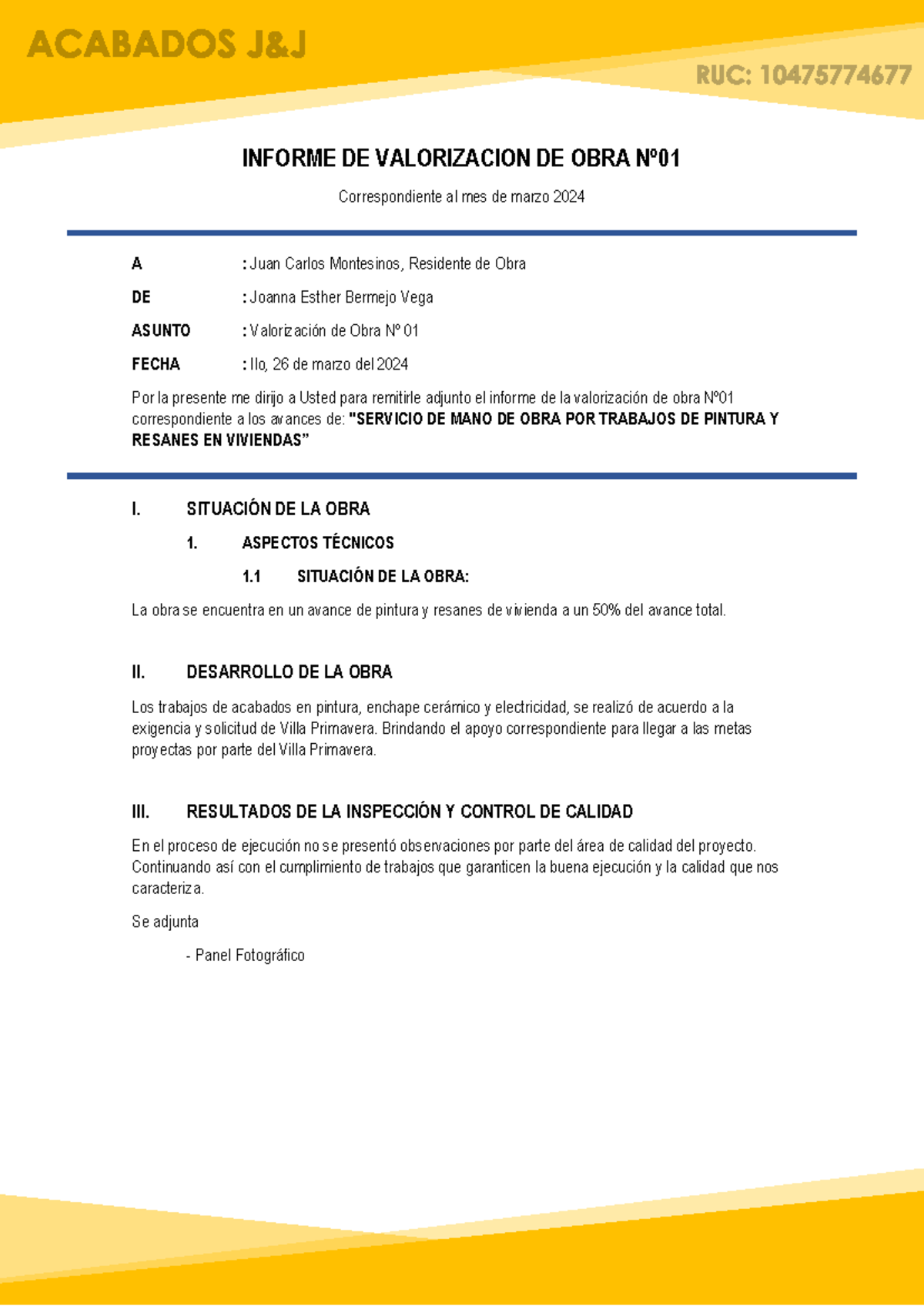Informe DE Valorizacion DE OBRA olivar - INFORME DE VALORIZACION DE OBRA Nº 01 Correspondiente ...