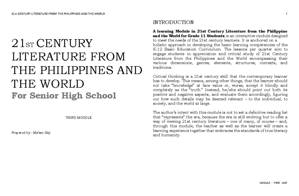 Module 3 21ST Century Literature FROM THE Philippines AND T - 21 ST ...