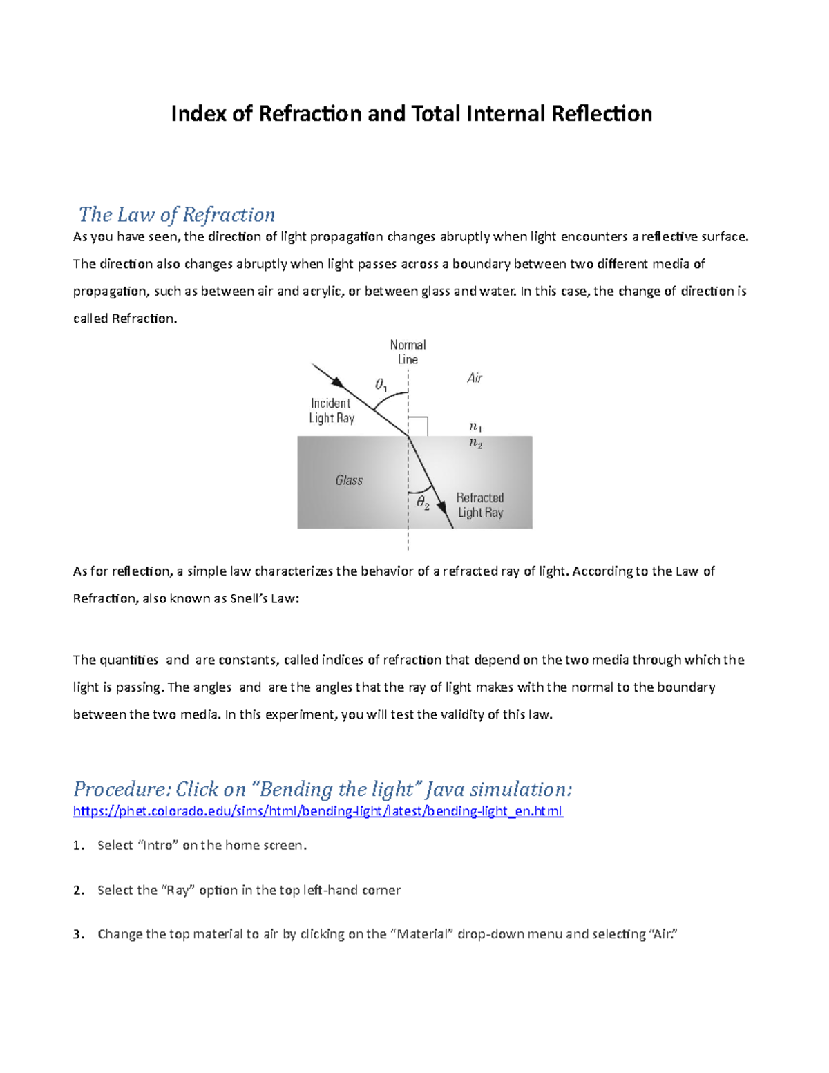 Index of Refraction and Total Internal Reflection - The direction also ...