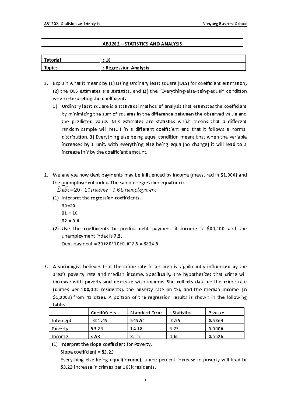 AB1202 Tutorial qns week 10 - AB1202 – STATISTICS AND ANALYSIS Tutorial ...