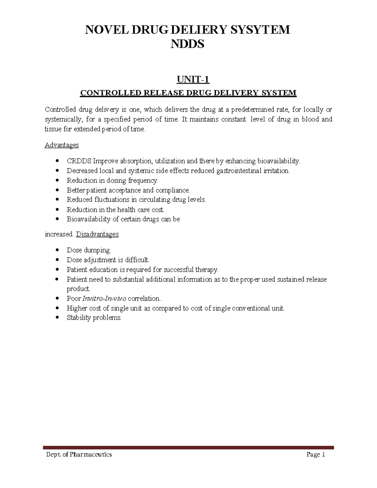 NDDS - RESEARCH SHCOLAR OF SPU - NDDS UNIT- 1 CONTROLLED RELEASE DRUG ...