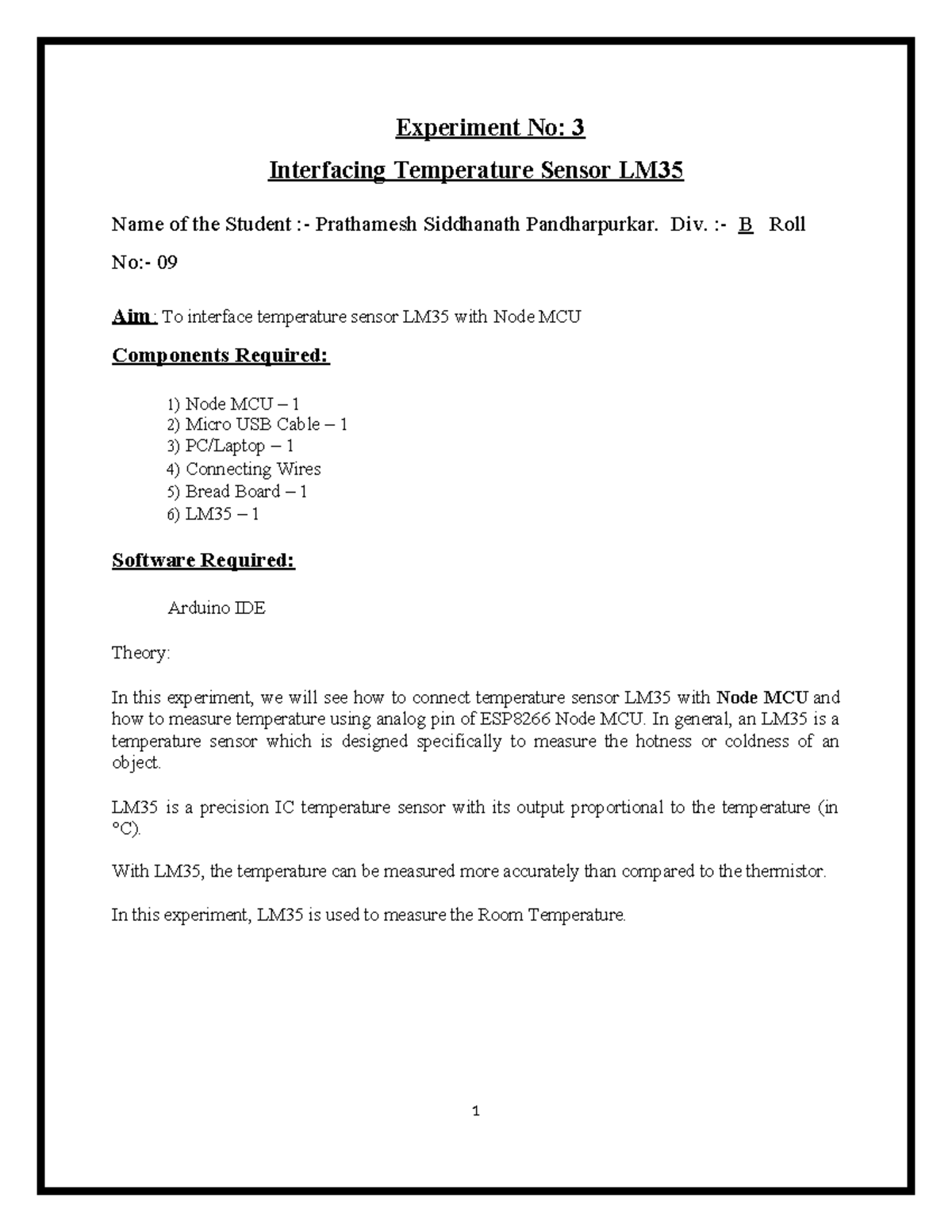 09 Lab 3 - 3rd Lab Assignment of IOT - Experiment No: 3 Interfacing Temperature Sensor LM Name ...