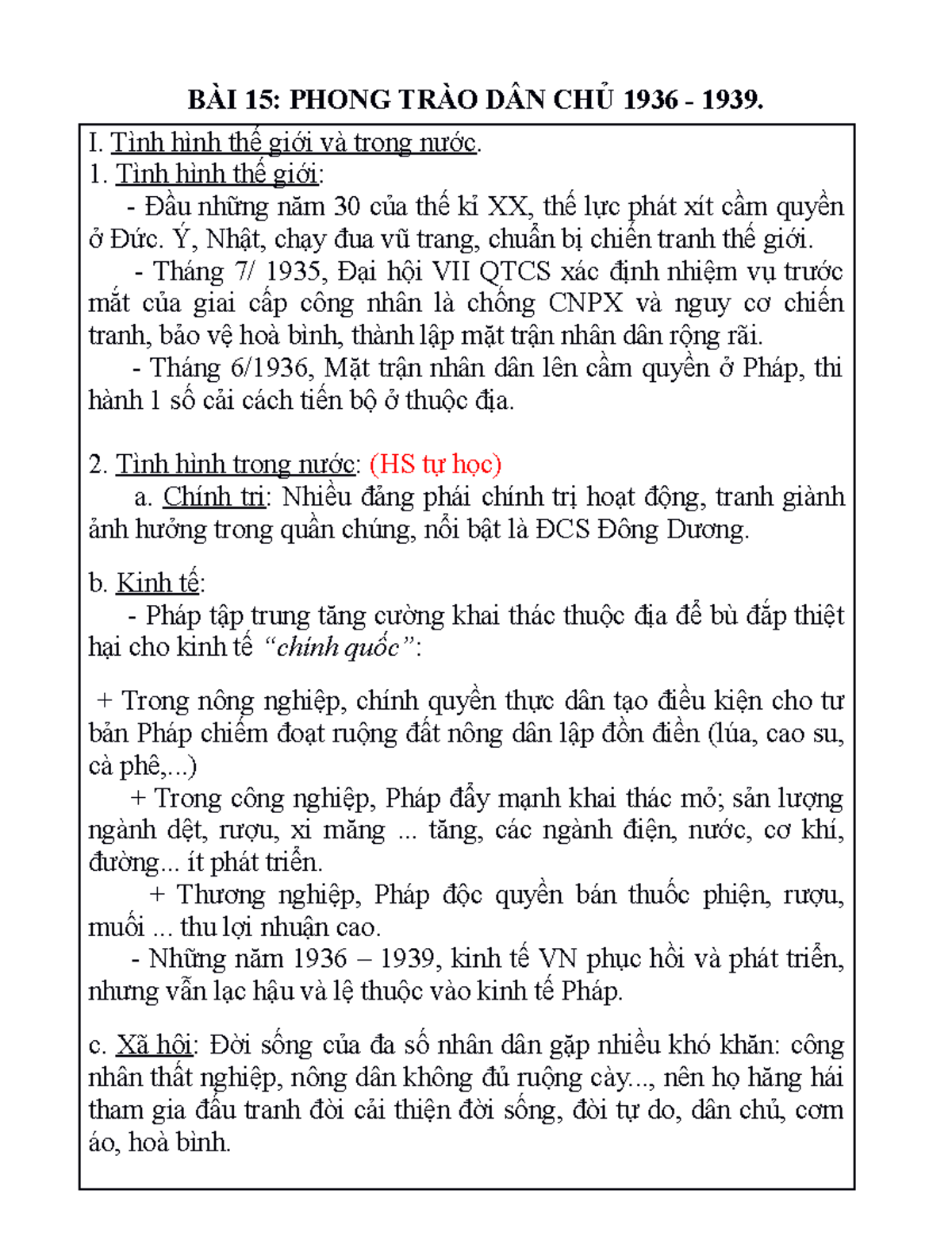 Bài 15 Phong trào dân ch 1936-1939-1 - BÀI 15: PHONG TRÀO DÂN CHỦ 1936 - 1939. I. Tình hình thế ...