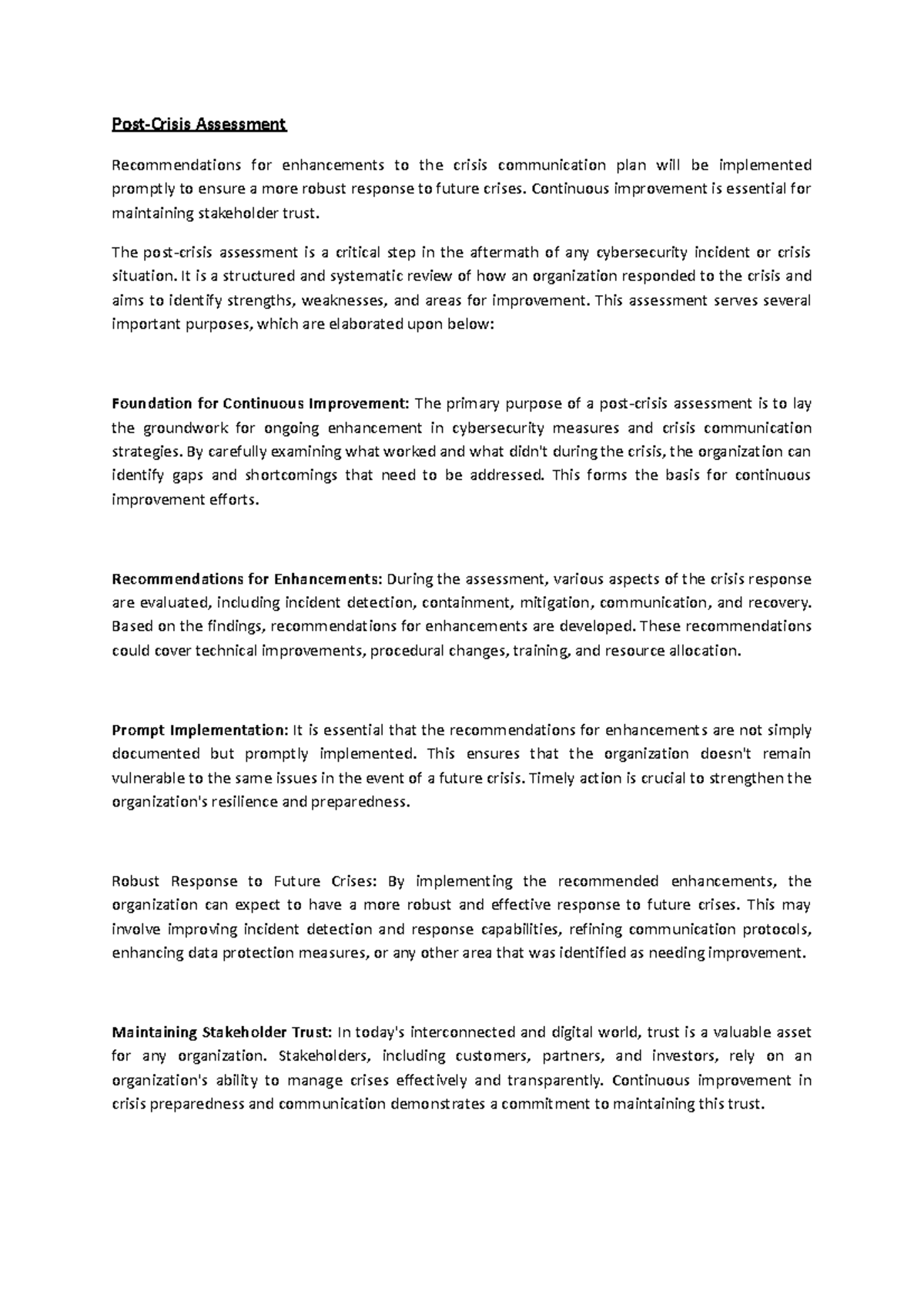 POST Crisis Aassessment - Post-Crisis Assessment Recommendations for ...