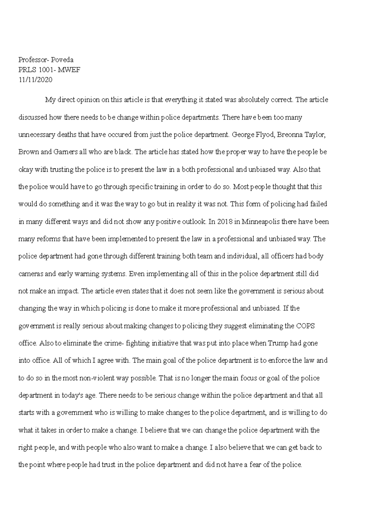 PRLS 1001 Writing - PROFESSOR POVEDA - Professor- Poveda PRLS 1001 ...