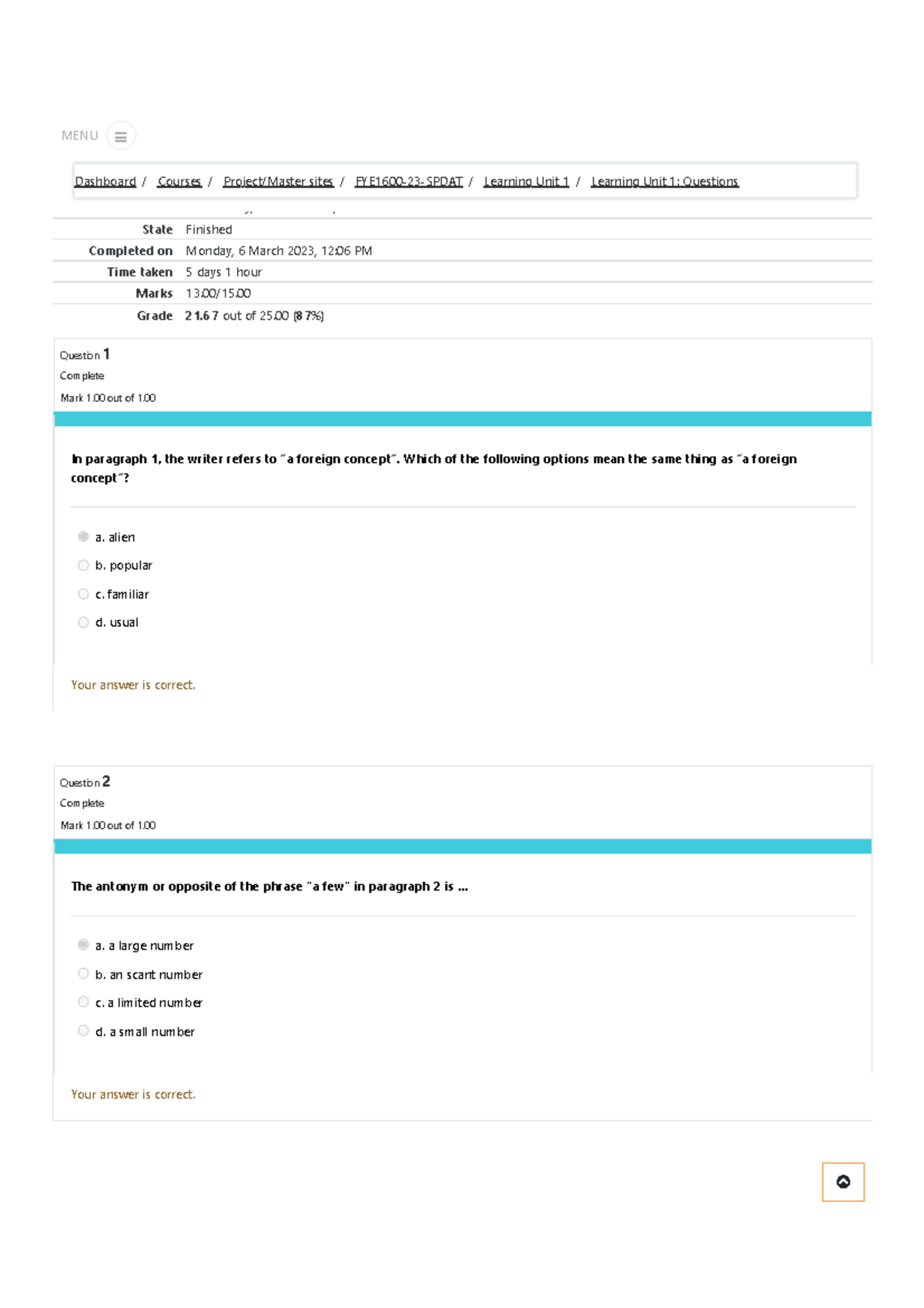 Learning Unit 1 Questions Attempt review - Started on Wednesday, 1 ...
