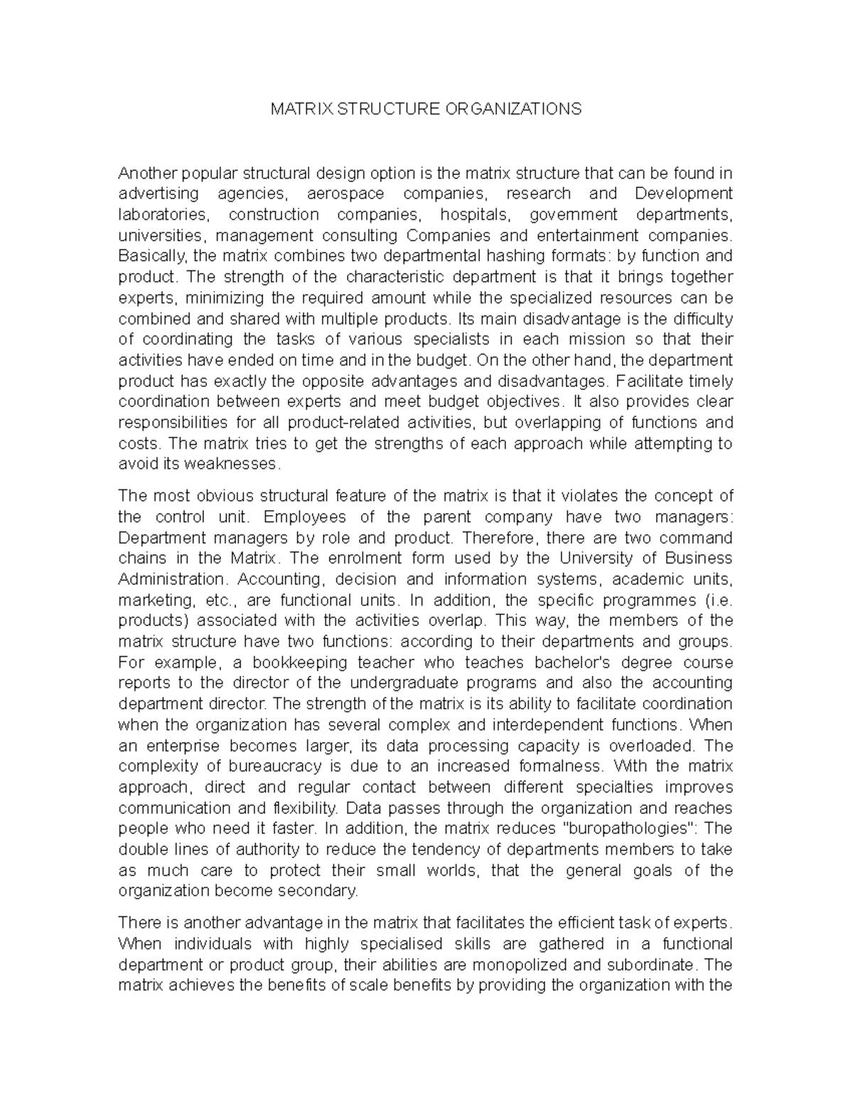 Matrix Structure Organizations - MATRIX STRUCTURE ORGANIZATIONS Another ...