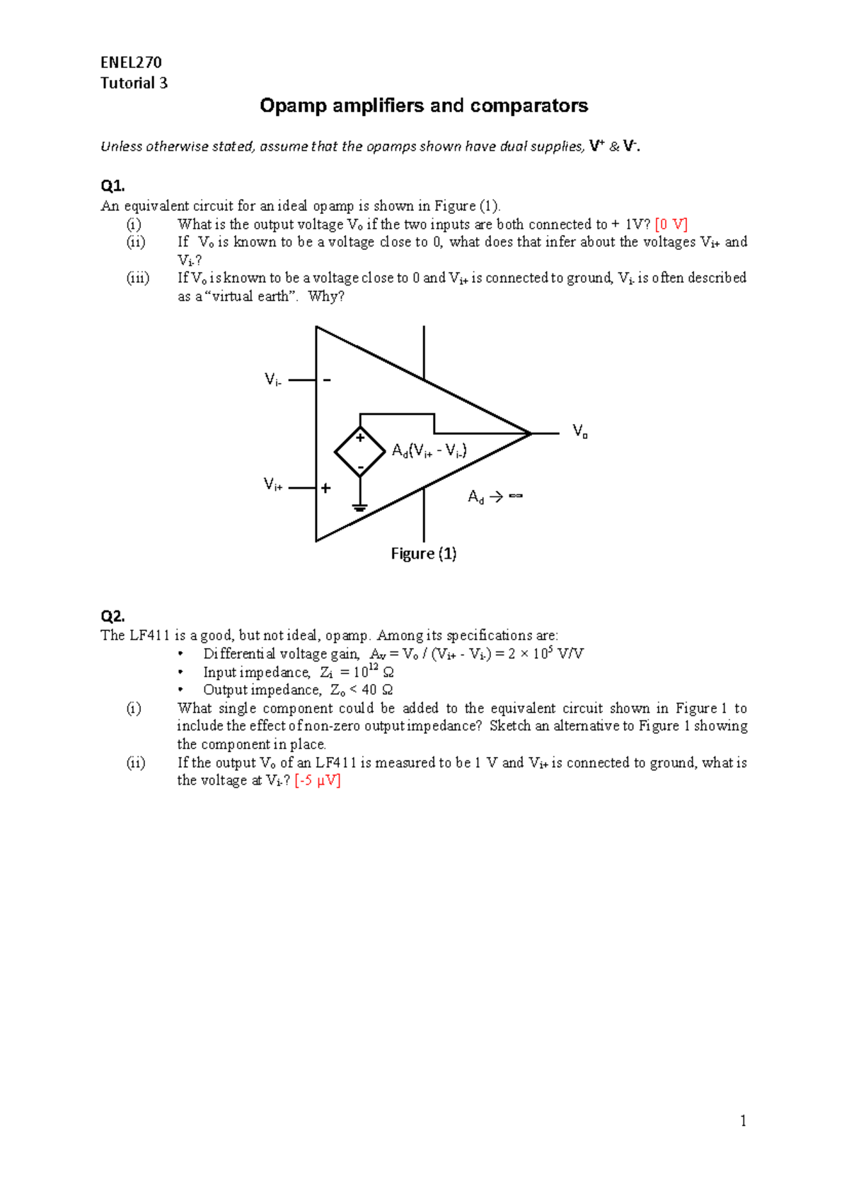 ENEL270 - Tutorial 3 - Questions with Answers - Tutorial 3 Opamp amplifiers and comparators ...