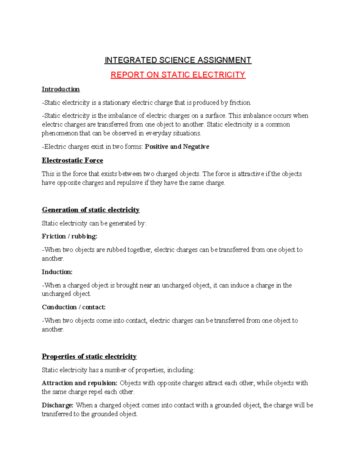 Static electricity report - INTEGRATED SCIENCE ASSIGNMENT REPORT ON ...