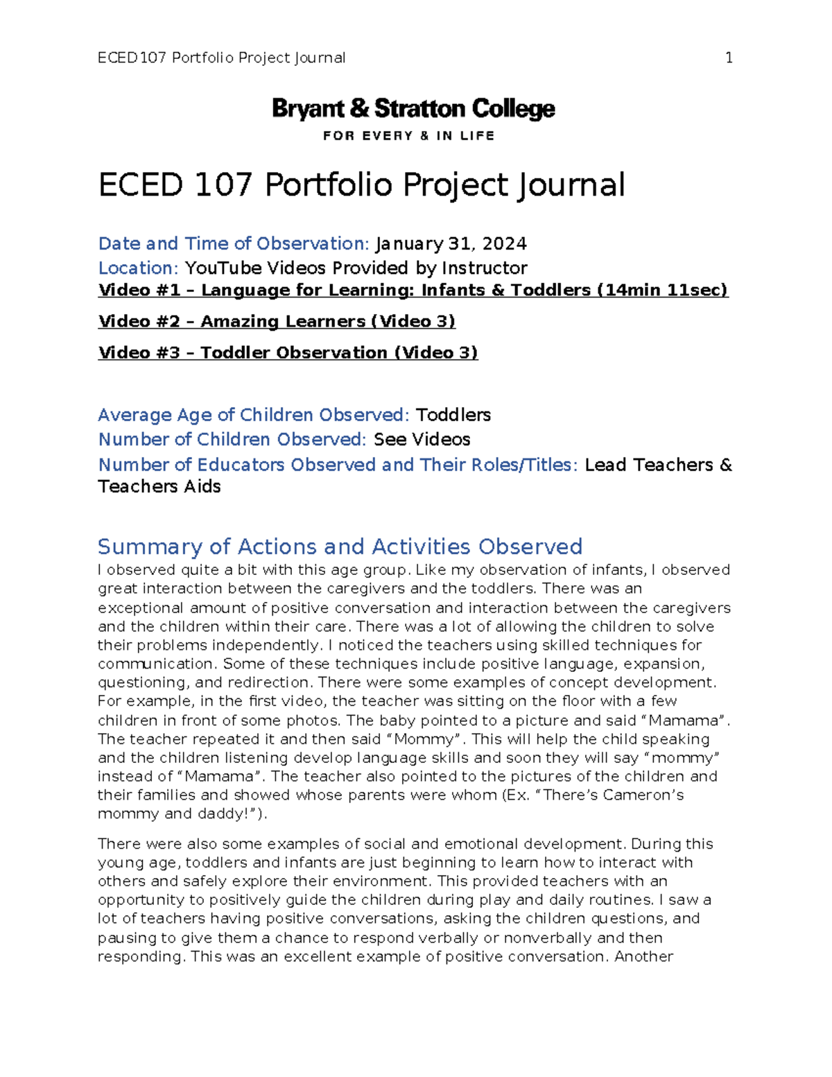ECED 107 Portfolio Project Journal Entry 2 - ECED 107 Portfolio Project ...