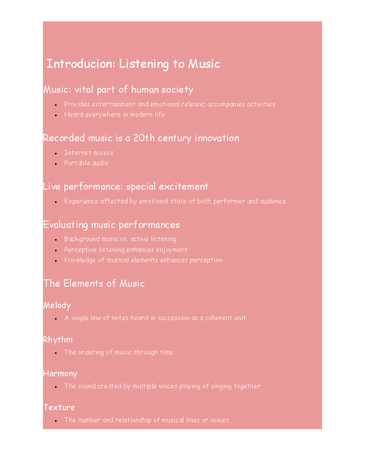 Music Appreciation Notes - Introducion: Listening to Music Music: vital ...