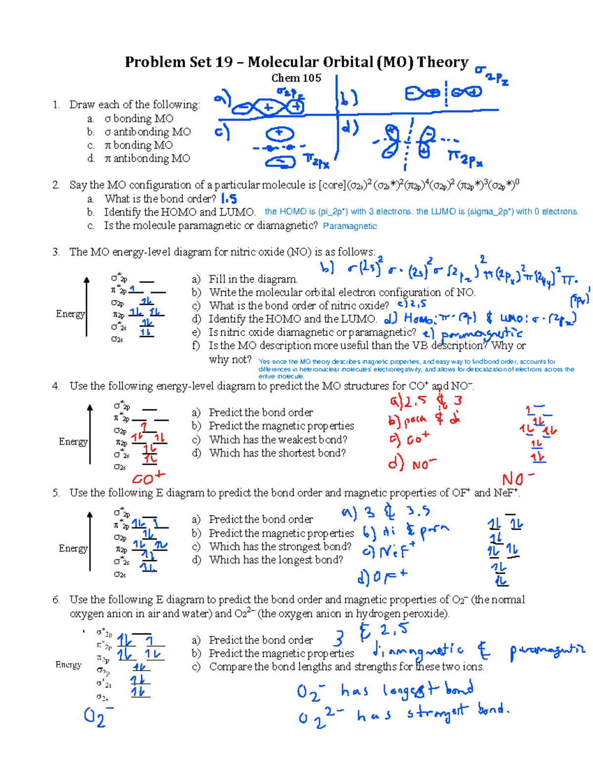 Ps19 - problem set on MO theory - Problem Set 19 – Molecular Orbital (MO) Theory Chem 105 1 ...