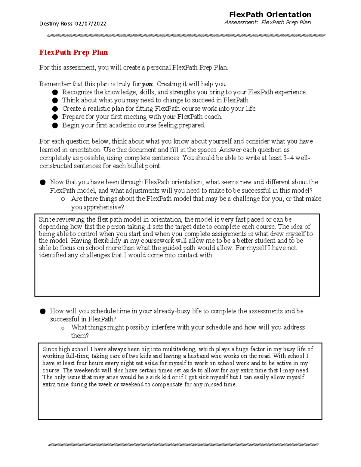 FPO2001 FPOPrep Plan Ross Destiny Assesment 1 - Destiny Ross 02/07 ...
