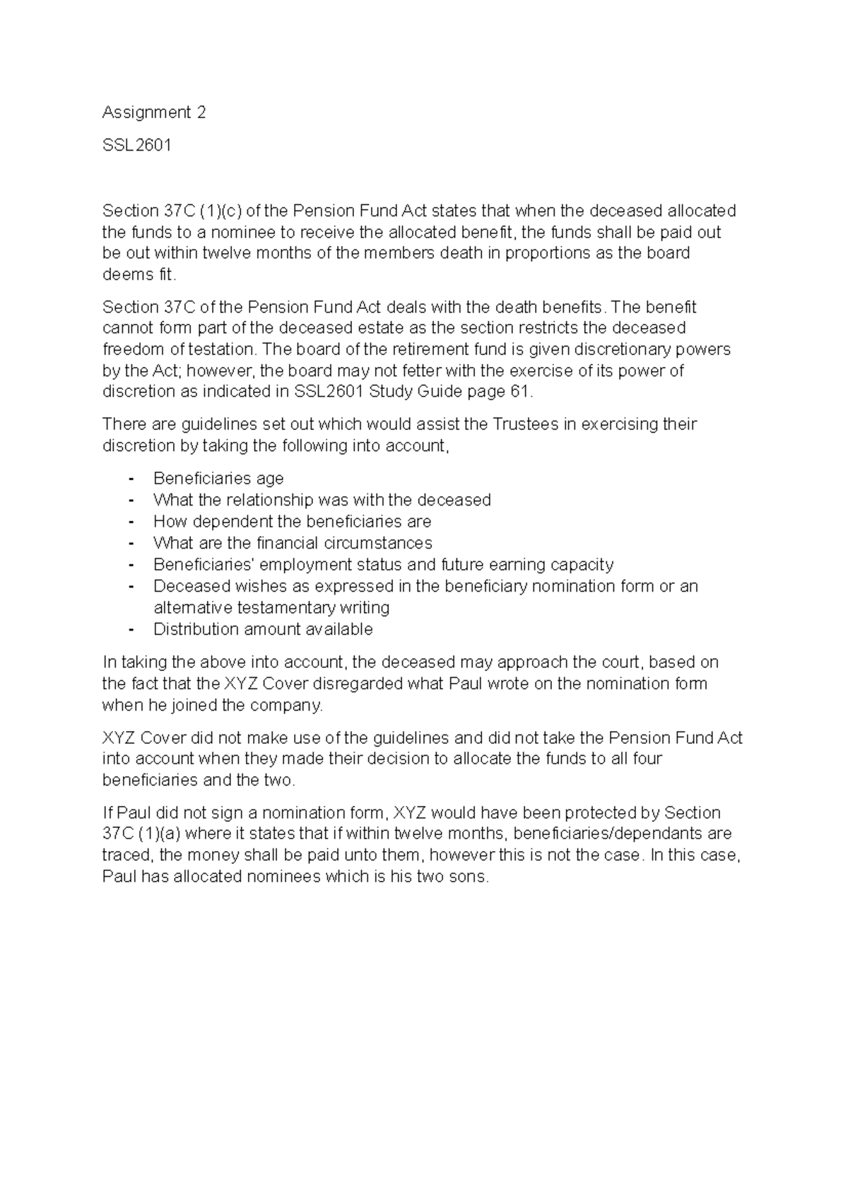 Assignment 2 - Section 37C of the Pension Fund Act deals with the death ...