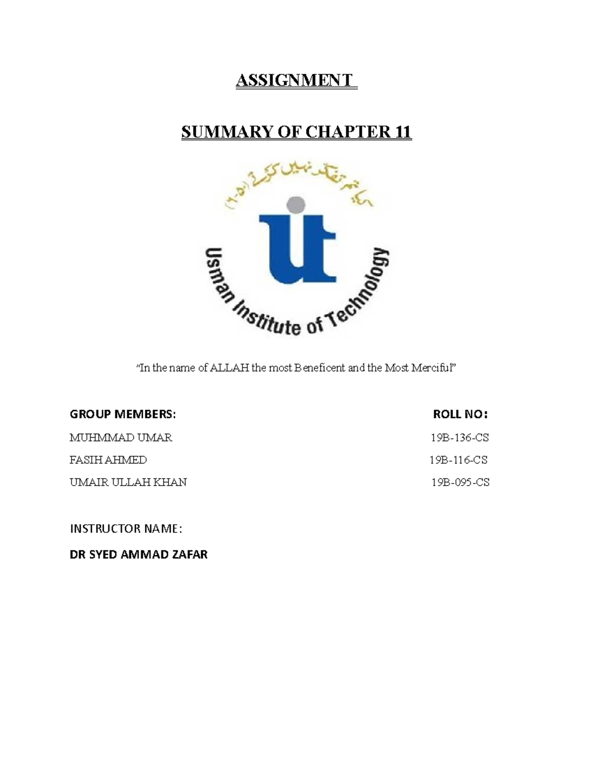 19B-136,095,116-CS CHAP 11 Summary - ASSIGNMENT SUMMARY OF CHAPTER 11 “In the name of ALLAH the ...