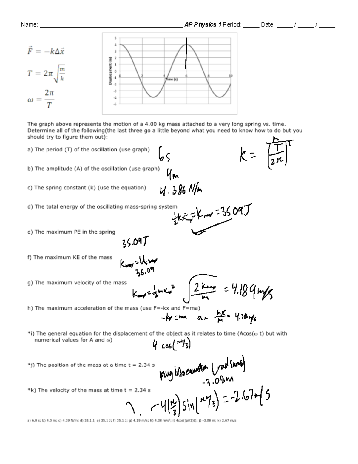 Oscillation Problems I - Name: ____________________________________________ AP Physics 1 Period ...