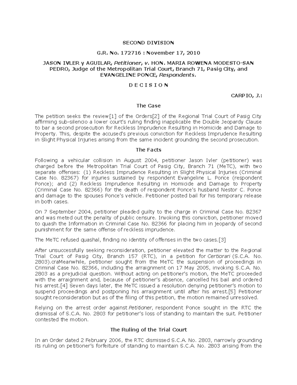 Ivler CASE - SECOND DIVISION G. No. 172716 : November 17, 2010 JASON ...