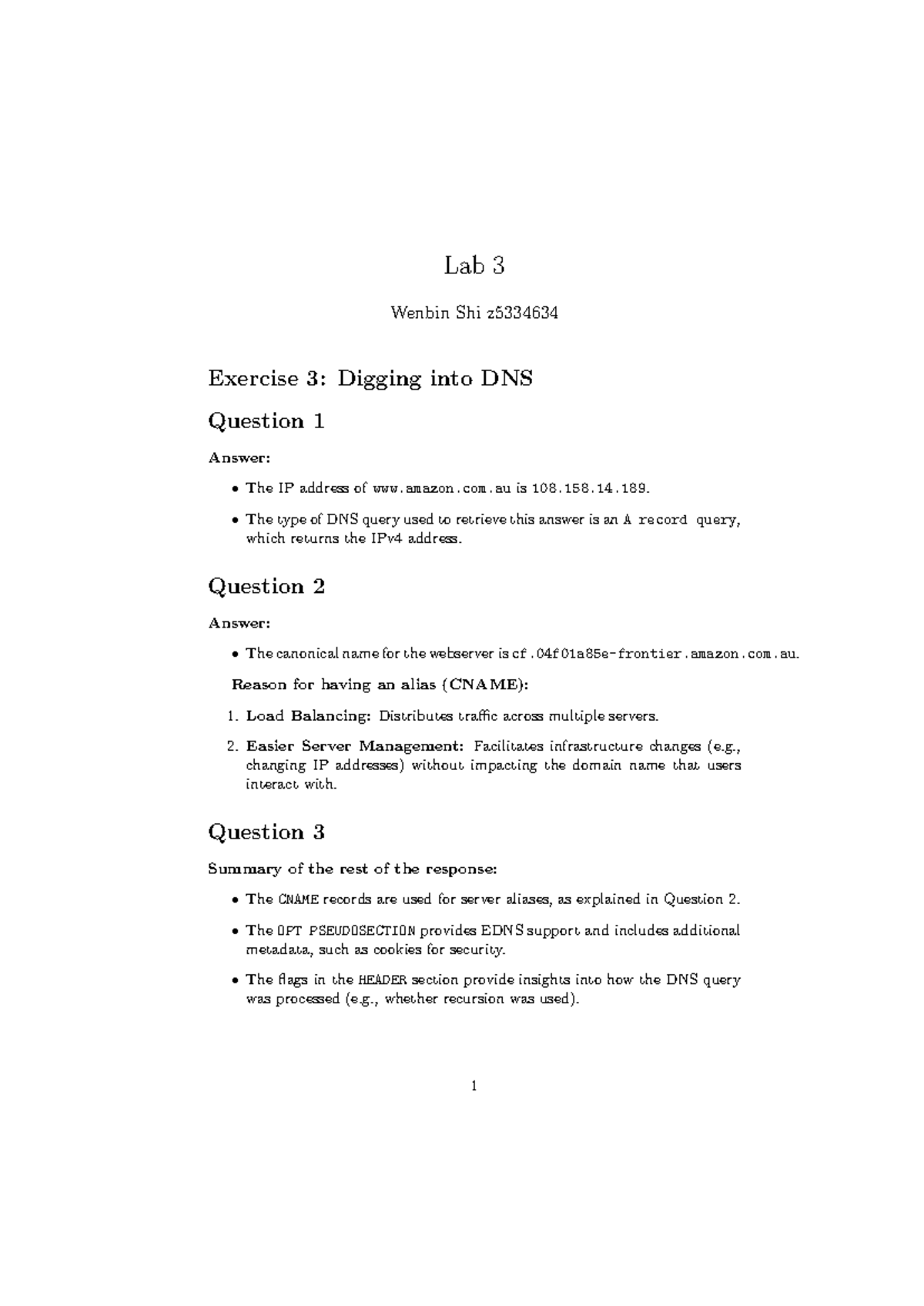 Lab3 - LAB3 - Lab 3 Wenbin Shi z Exercise 3: Digging into DNS Question 1 Answer: The IP address ...