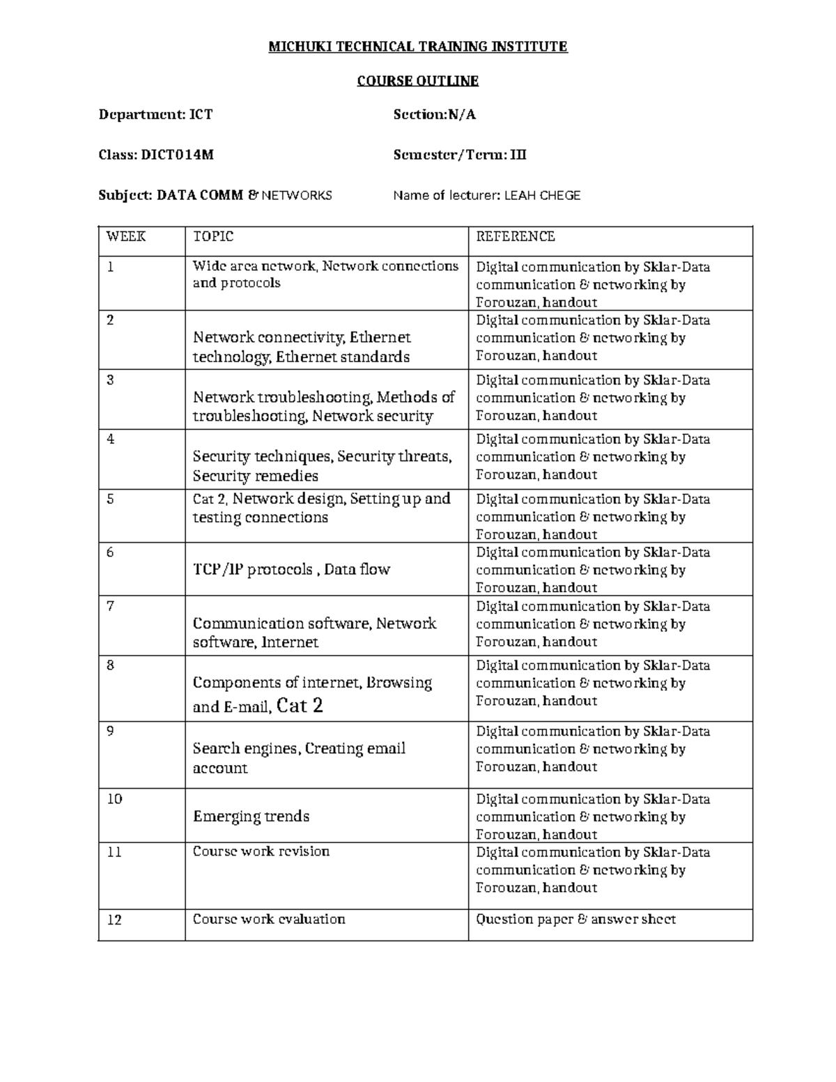 Computer 000015 - MICHUKI TECHNICAL TRAINING INSTITUTE COURSE OUTLINE ...