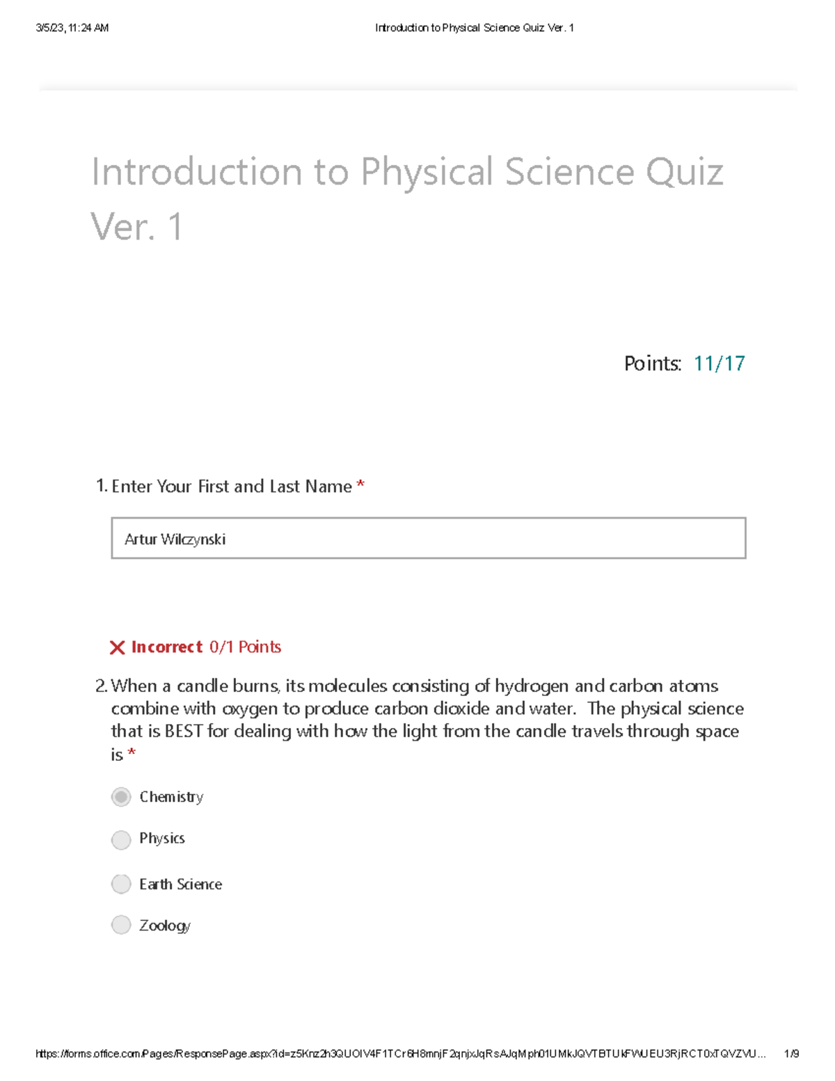 Introduction to Physical Science Quiz Ver. 1 - Points: 11/ Introduction ...