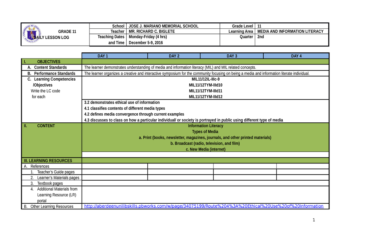 Idoc - wala lang - GRADE 11 DAILY LESSON LOG School JOSE J. MARIANO ...