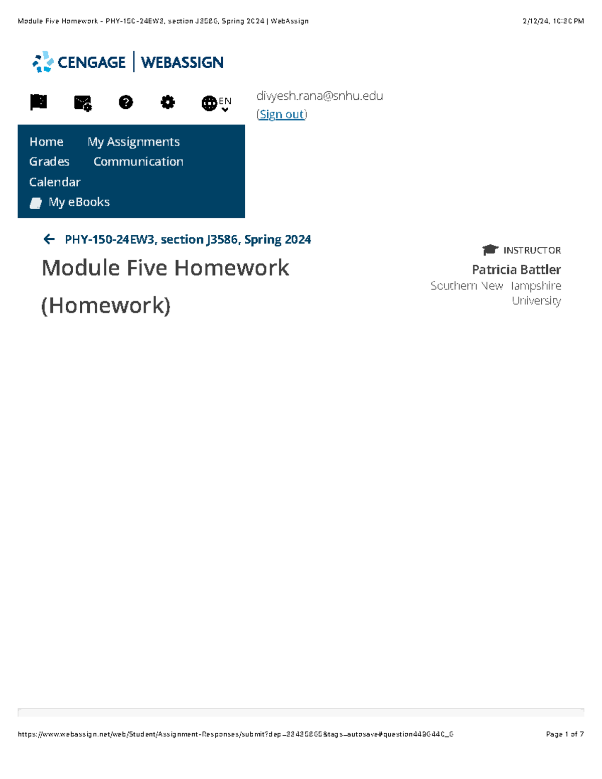 Module Five Homework - PHY-150-24EW3, section J3586, Spring 2024 Web Assign - EN divyesh@snhu ...