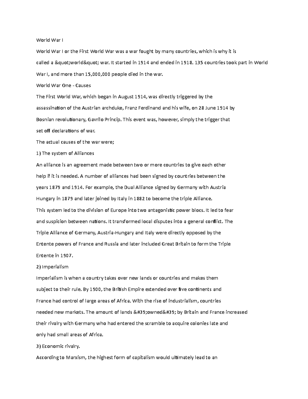 4 - Introduction To The Humanities notes - World War I World War I or ...