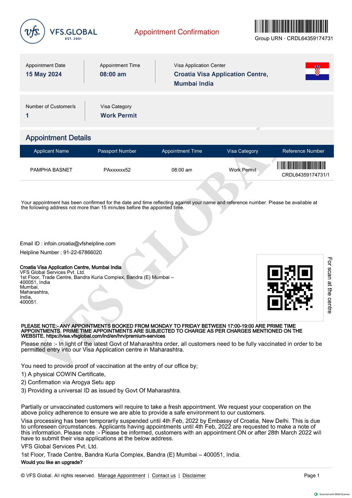 CRDL64359174731 - bbb - vfs. VFS Appointment Confirmation EST. 2001 ...