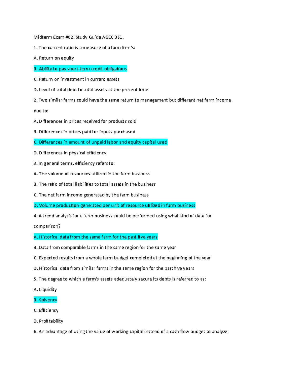 Farm Management Study Guide - Midterm Exam #02. Study Guide AGEC 361 ...
