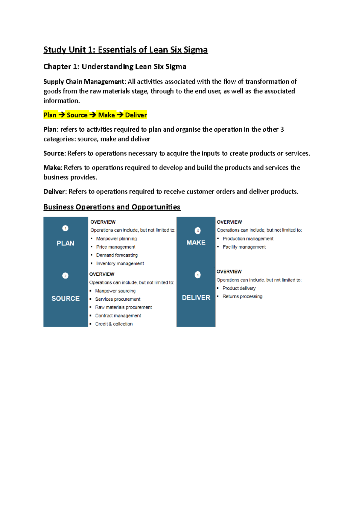 Study Unit 1 - Plan Source Make Deliver Plan : refers to activities ...