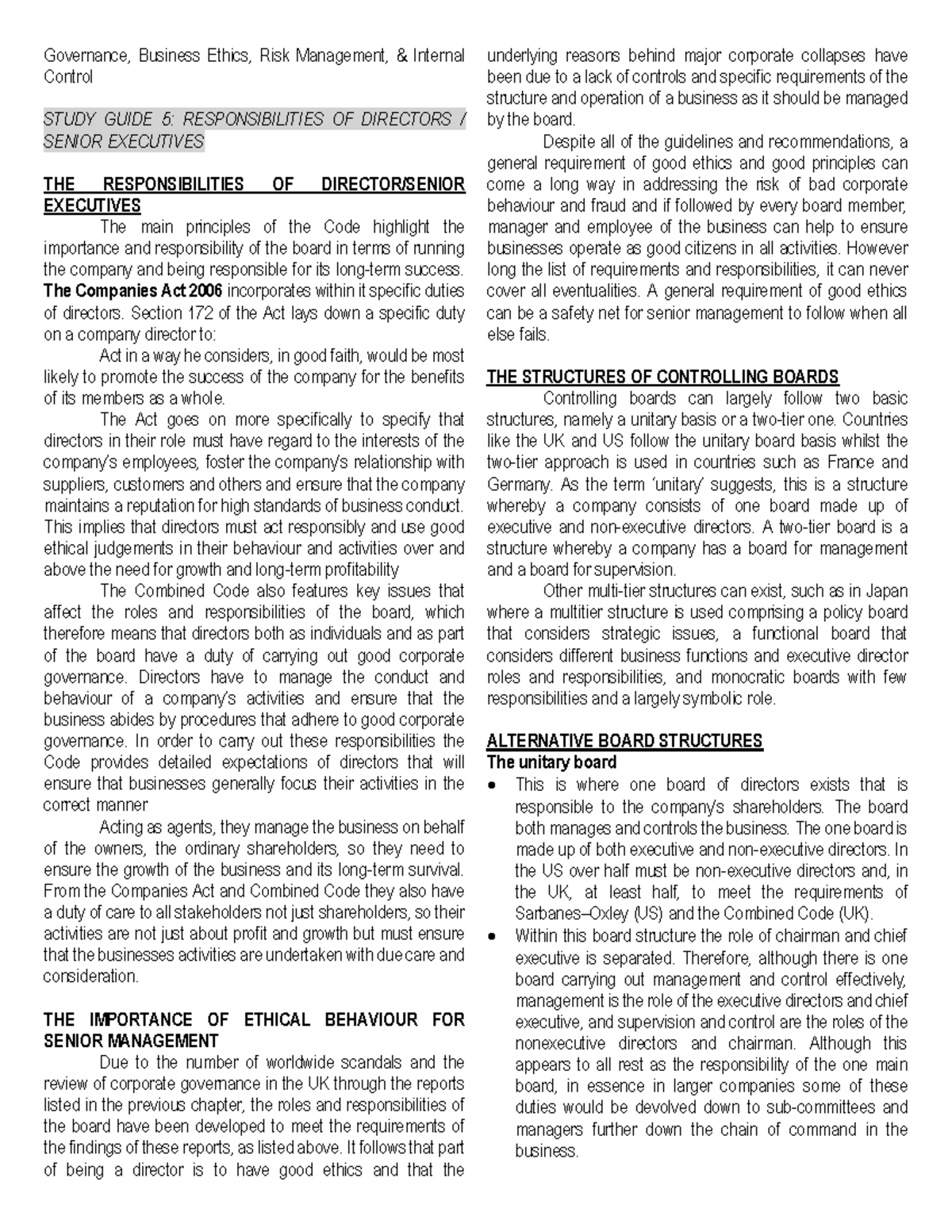 ETHICS chapter 5 - Governance, Business Ethics, Risk Management, & Internal Control STUDY GUIDE ...