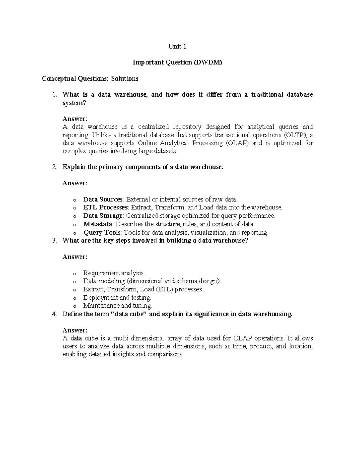 Important question dwdm - Unit 1 Important Question (DWDM) Conceptual Questions: Solutions 1 ...