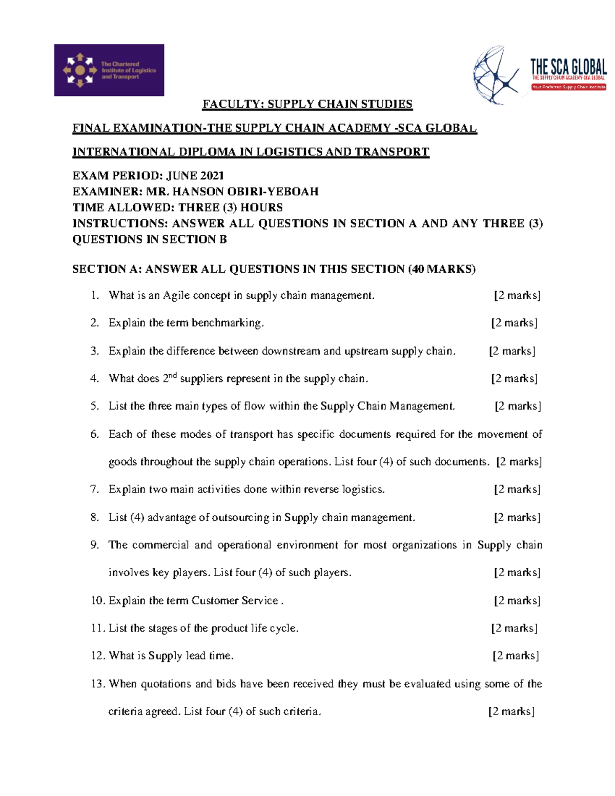 Supply Chain Paper - FACULTY: SUPPLY CHAIN STUDIES FINAL EXAMINATION ...