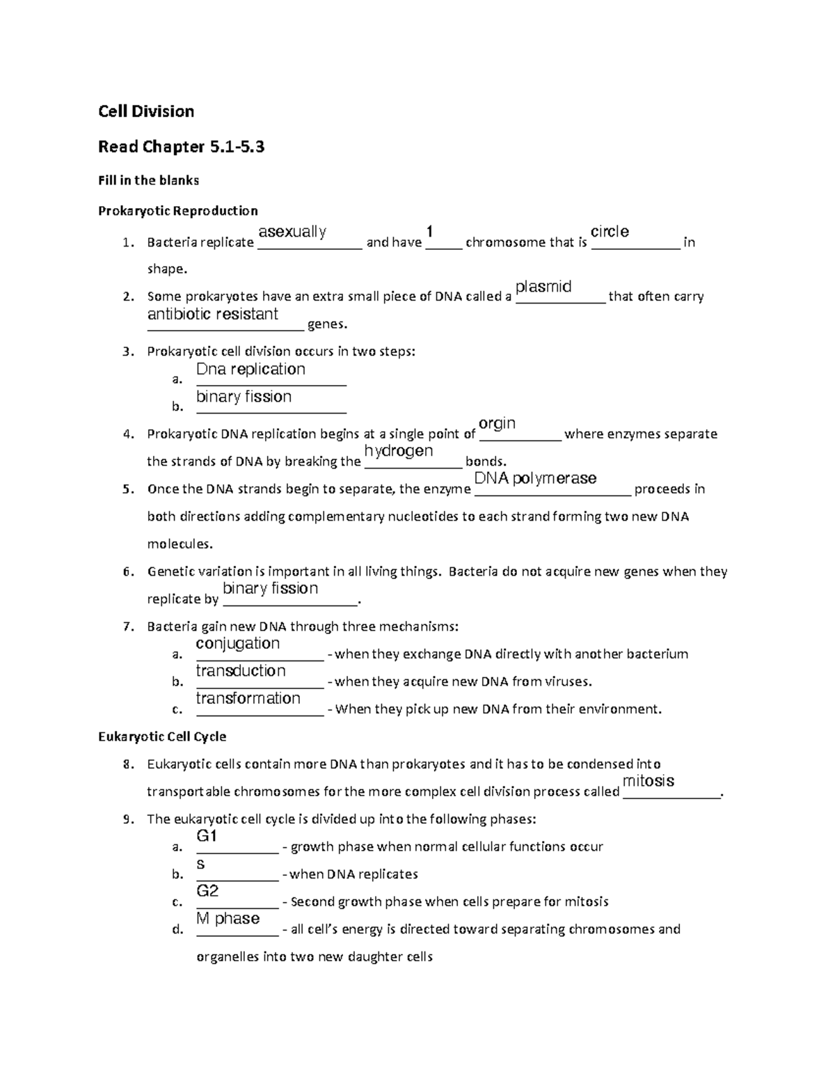 Cell Division - Cell Division Read Chapter 5-5. Fill in the blanks ...