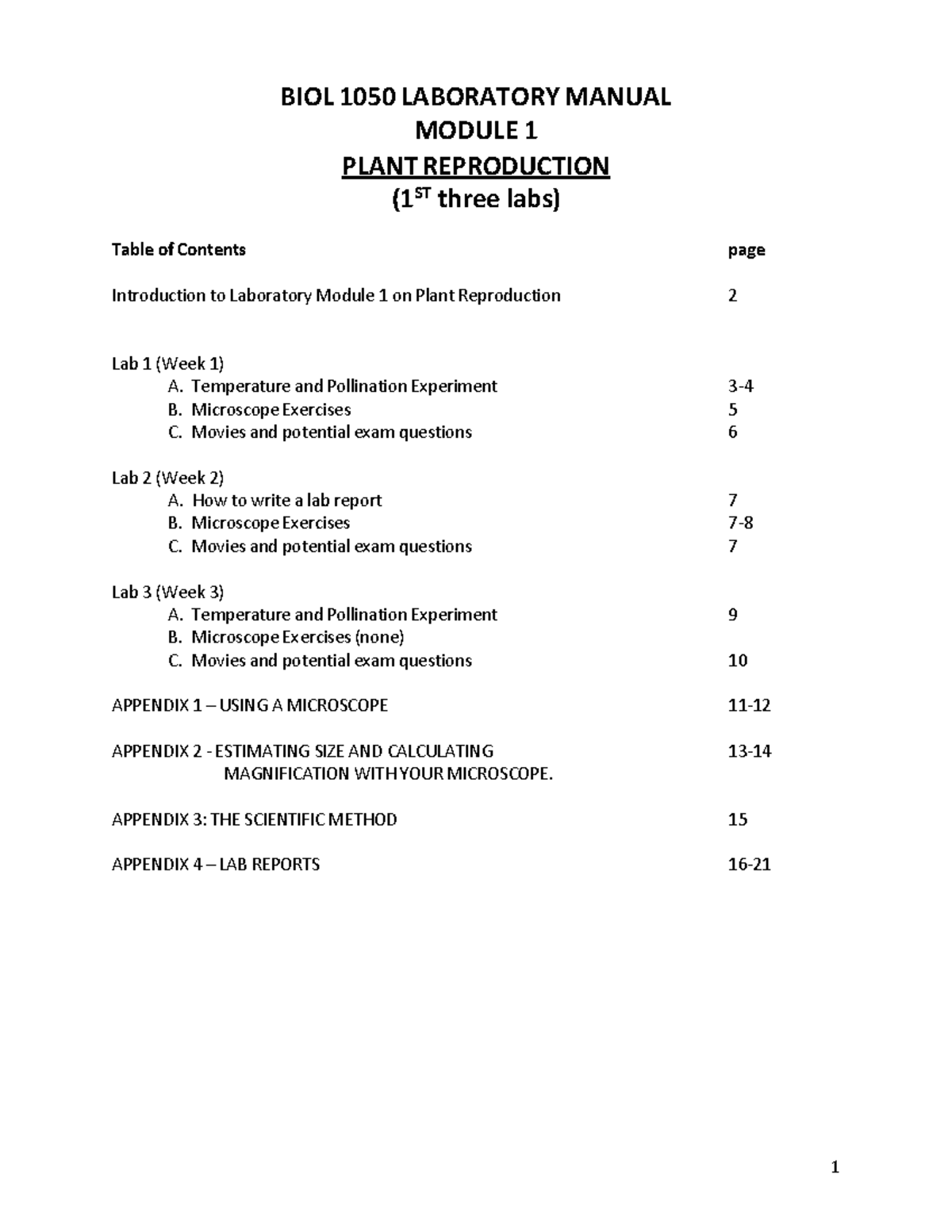 Lan manual - BIOL 1050 LABORATORY MANUAL MODULE 1 PLANT REPRODUCTION ...