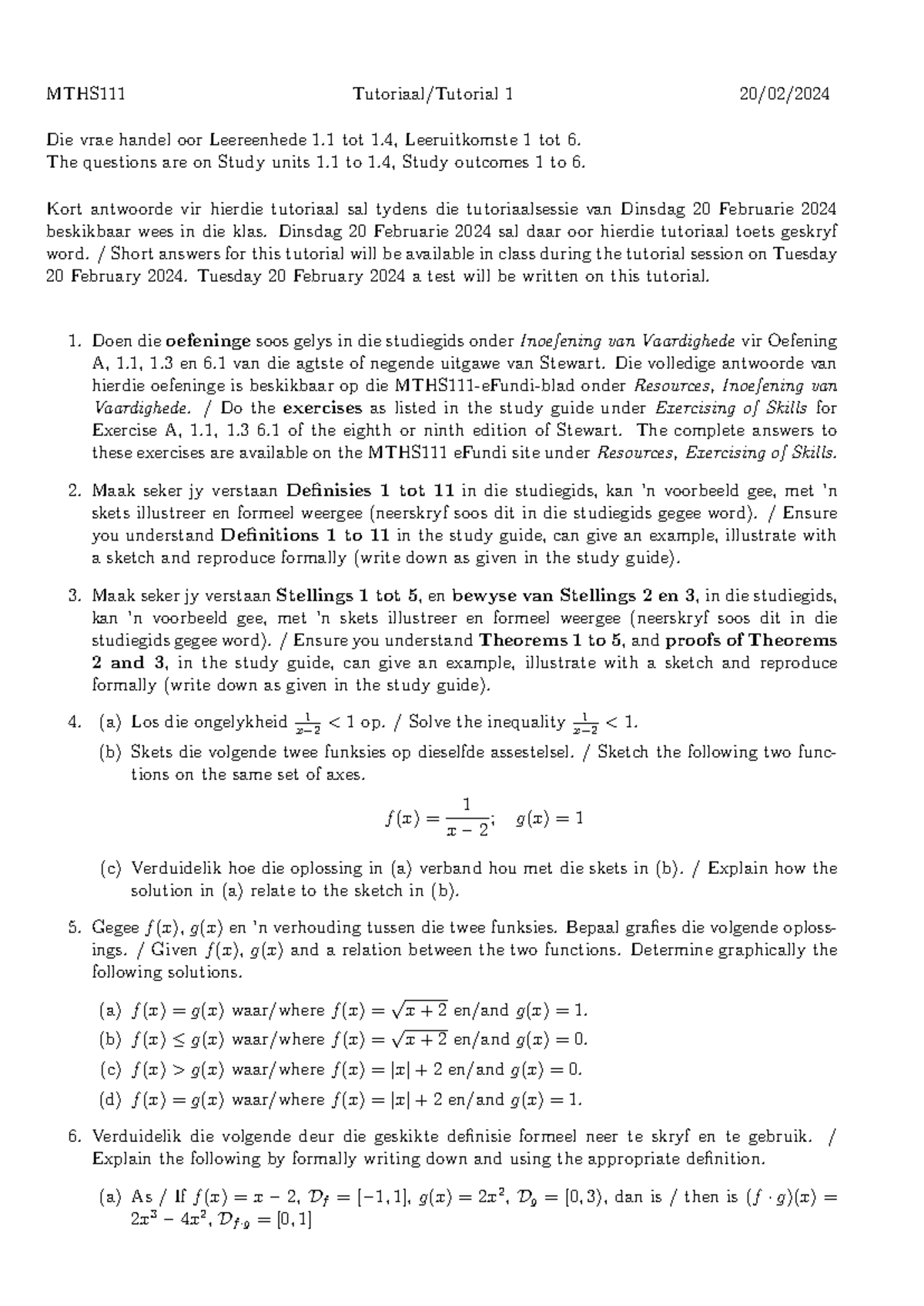 MTHS111 Tutorial 1 2024 - MTHS111 Tutoriaal/Tutorial 1 20/02/ Die vrae ...
