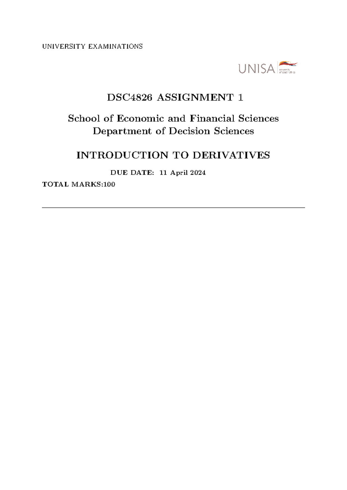 DSC4826 Assignment 1 2024 - UNIVERSITY EXAMINATIONS DSC4826 ASSIGNMENT ...