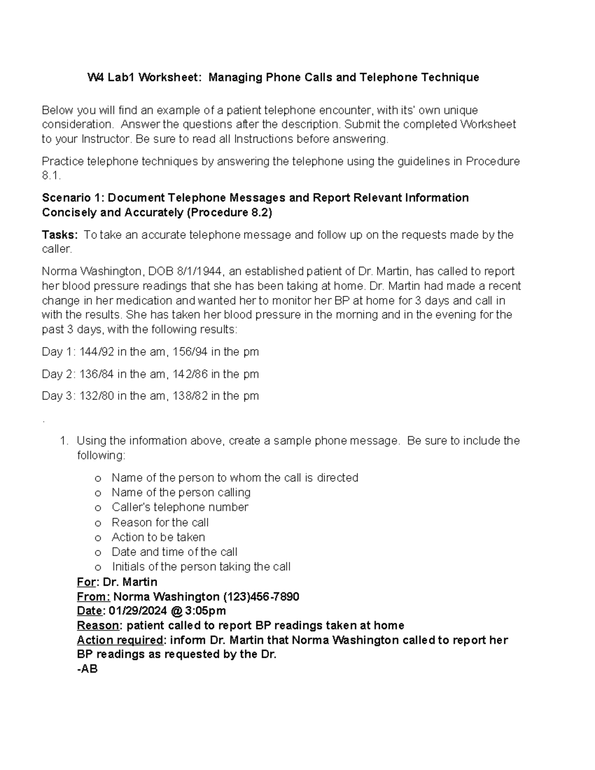 MOA110 W4 Lab - LAB - W4 Lab1 Worksheet: Managing Phone Calls and ...