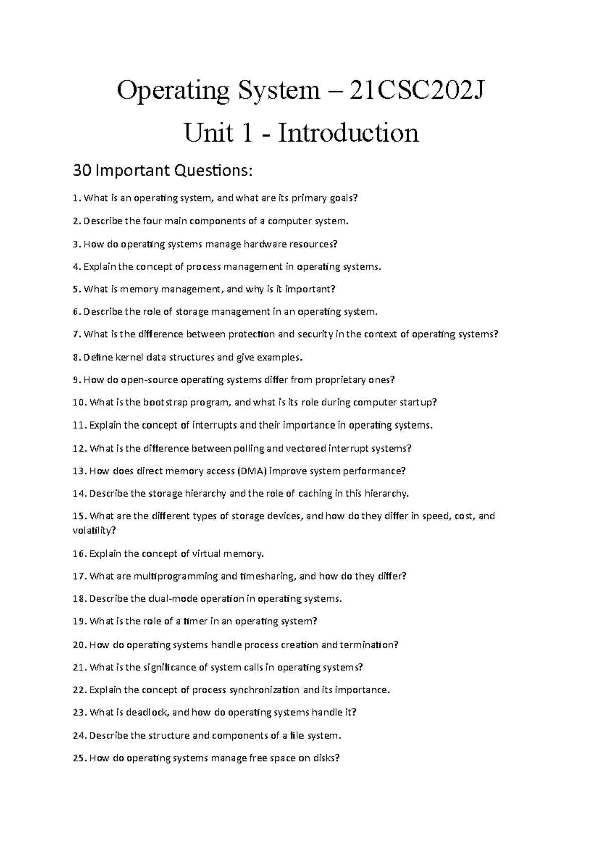 Operating System - Unit 1 Questions - Operating System – 21 CSC202J ... Operating System - Unit 1 Questions - Operating System – 21 CSC202J ...