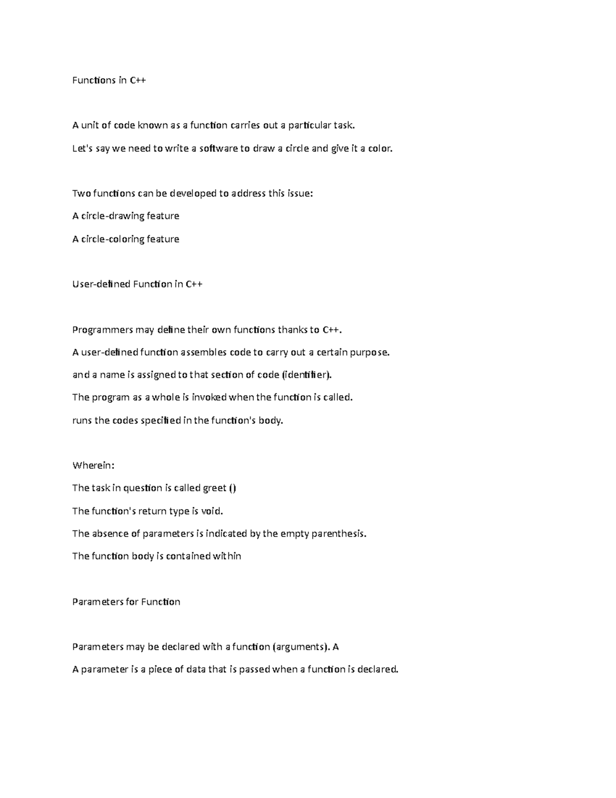 C++ - Information Technology - Functions in C++ A unit of code known as ...