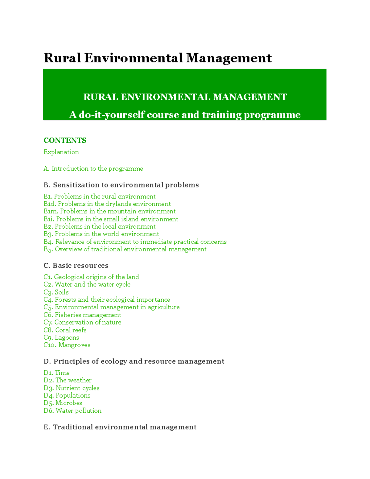 Rural Environmental Management - Introduction to the programme B ...