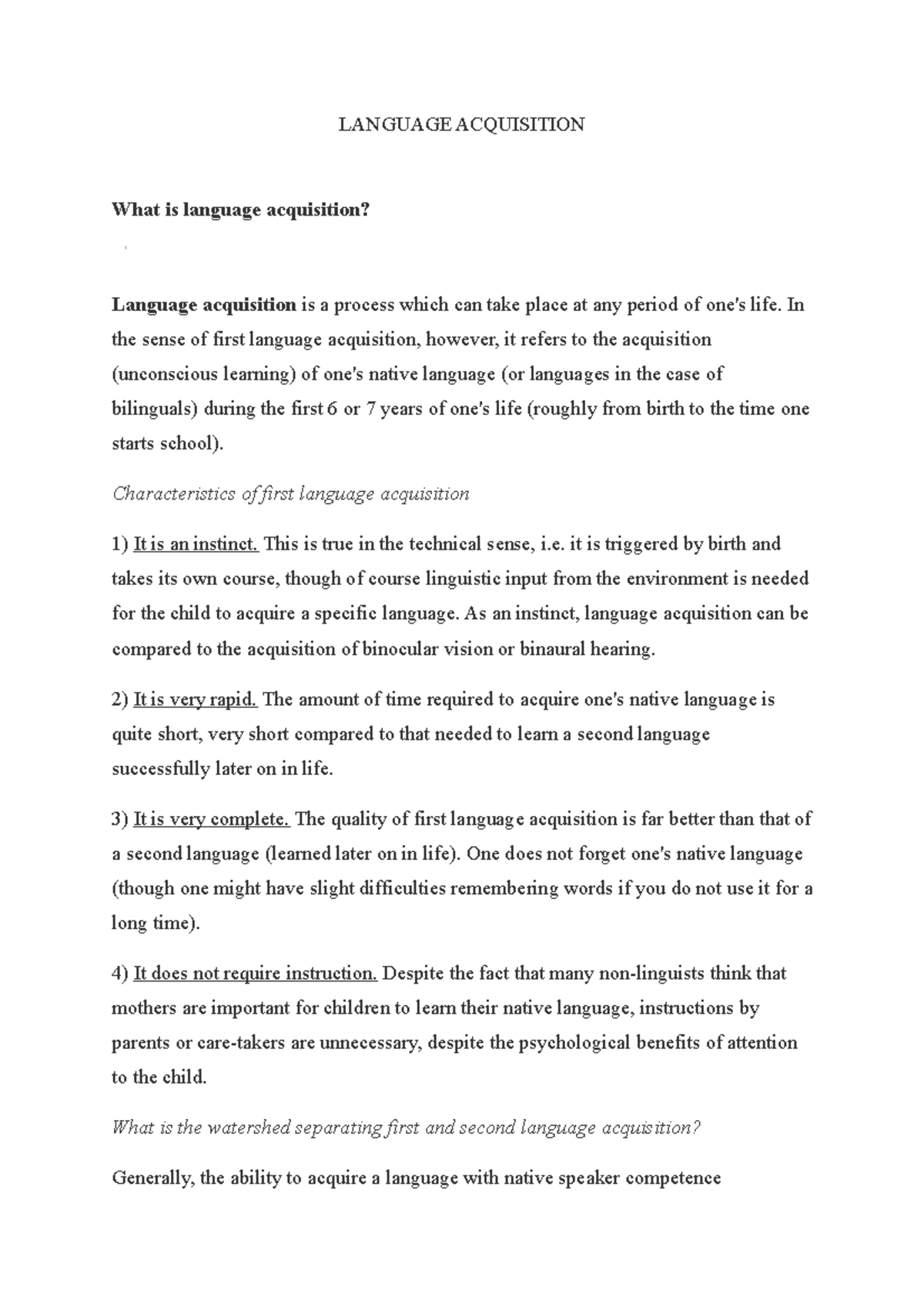 ITL, Language Acquisition - Introduction to Linguistics - PangSU - Studocu