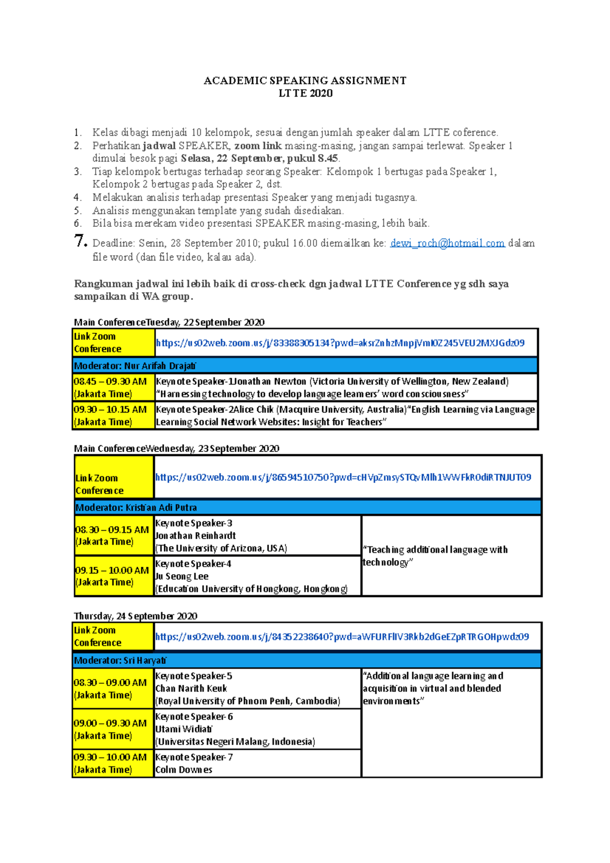 Assignment LTTE20 - ACADEMIC SPEAKING ASSIGNMENT LTTE 2020 Kelas dibagi menjadi 10 kelompok ...